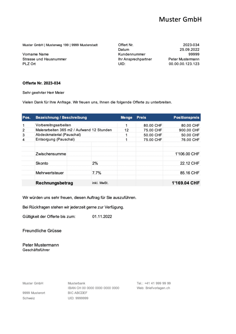 Offerten Vorlagen Schweiz - gratis Vorlagen [Word & Excel]