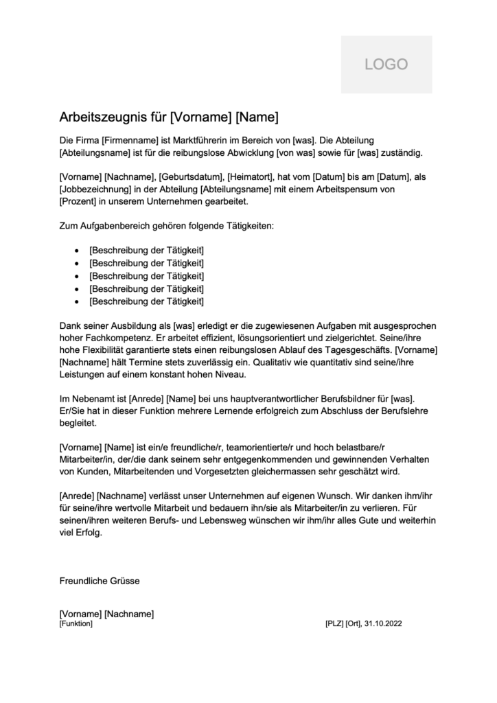 Arbeitszeugnis Vorlagen & Muster - gratis Word-Vorlagen